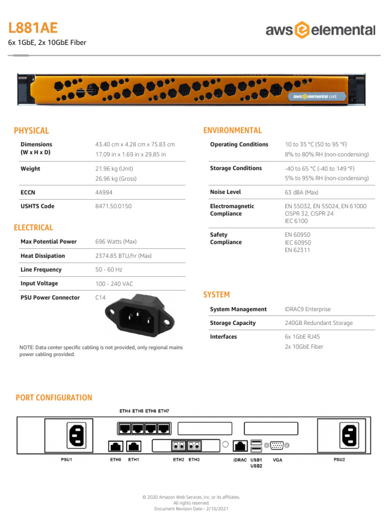 AWS Elemental Live L881AE Specification Sheet | PDF