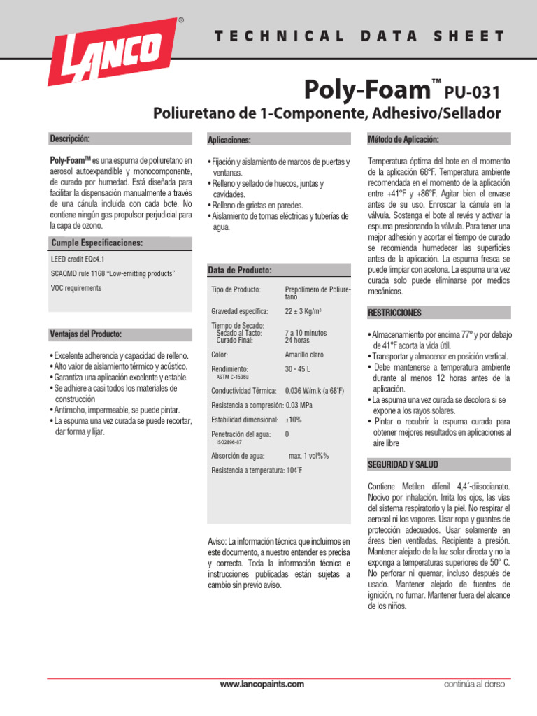 Poly Foam PU031 10 TDS ESP | PDF