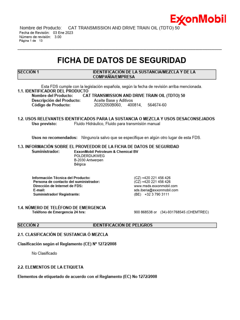 Ficha de Seguridad: Aceite TDTO 50 | PDF | Ventilación (Arquitectura ...