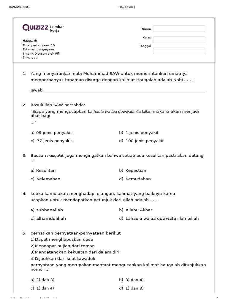 Hauqalah 2 - Quizizz | PDF