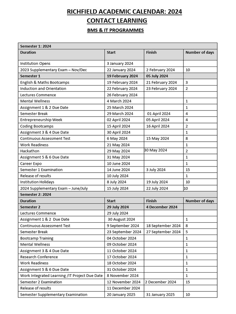 2024 Richfield Academic Calendar Contact Programmes | PDF
