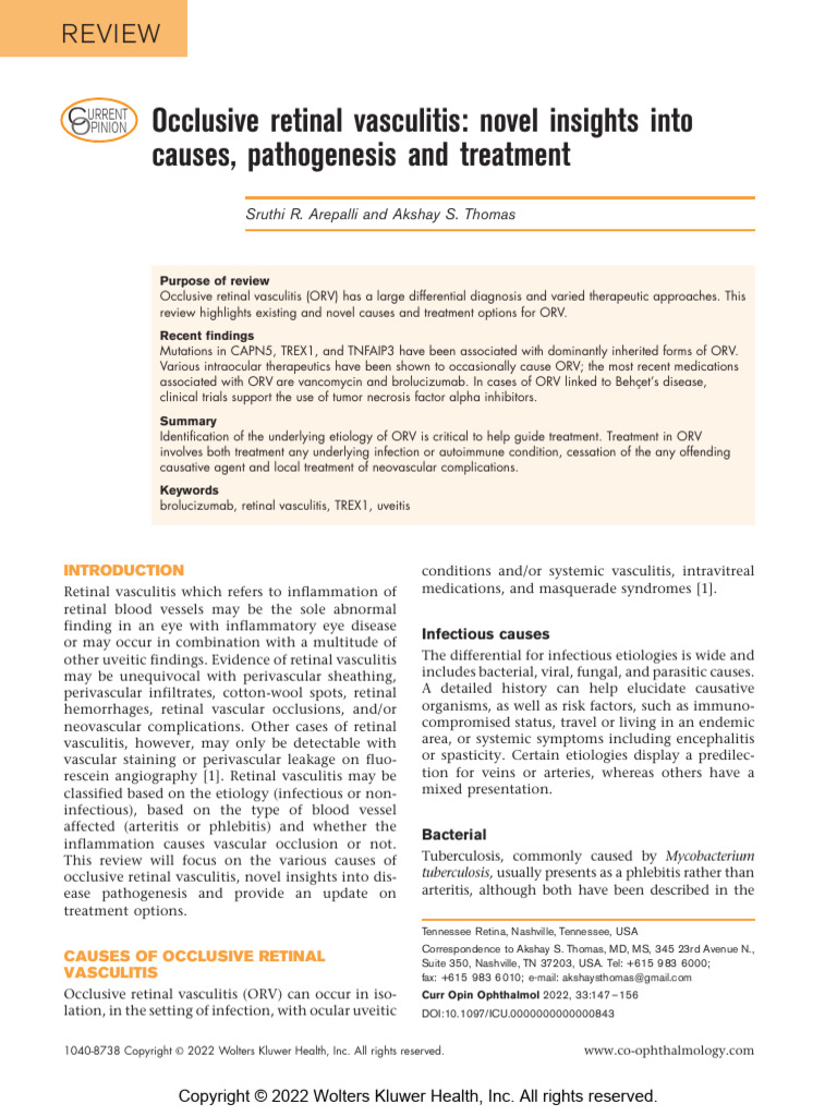 Occlusive Retinal Vasculitis - Novel Insights Into Causes, Pathogenesis and Treatment | PDF