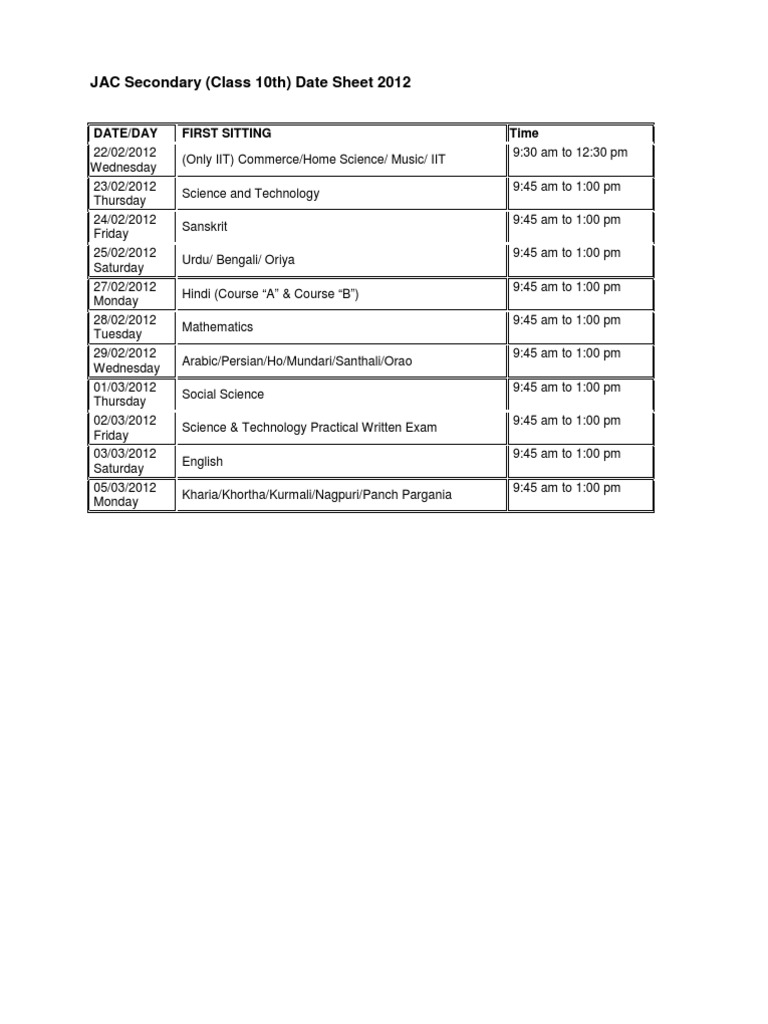 JAC Secondary & SR Secondary Time Table | PDF