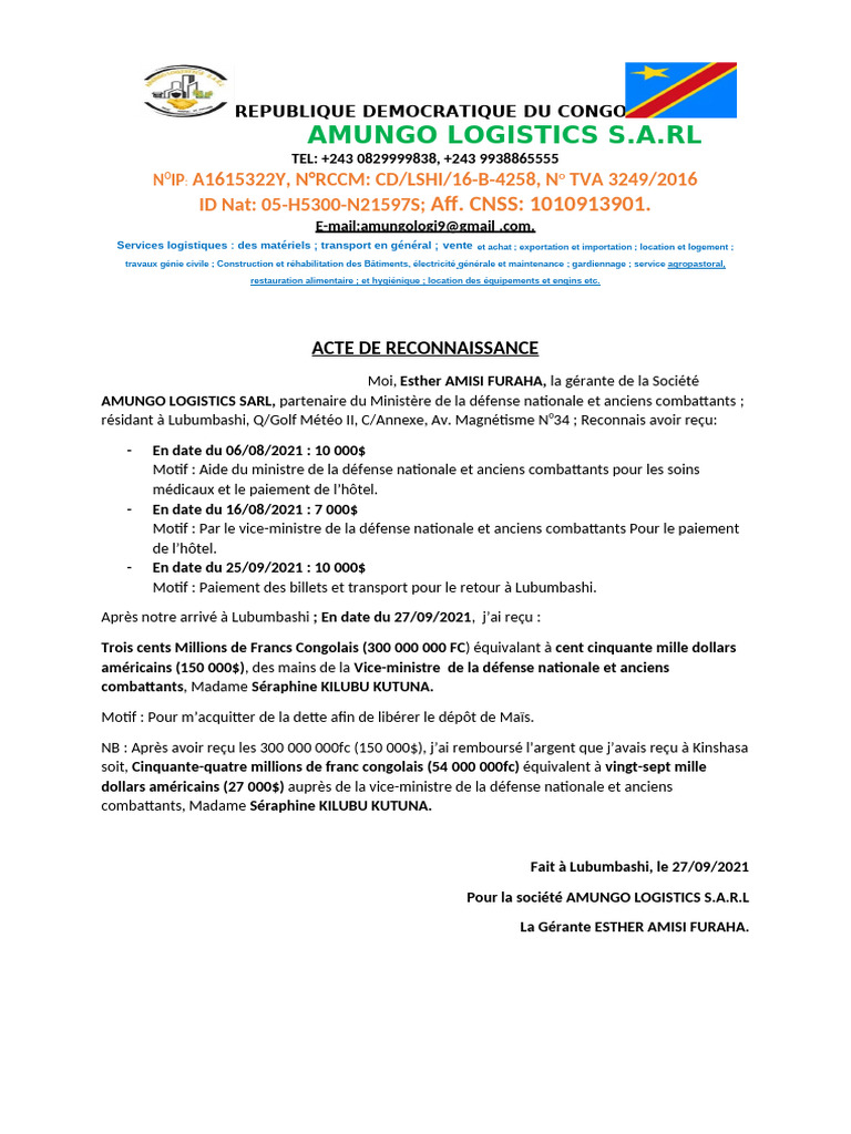 ACTE de RECONAISSANCE (Madame La Vice Ministre) 1 | PDF