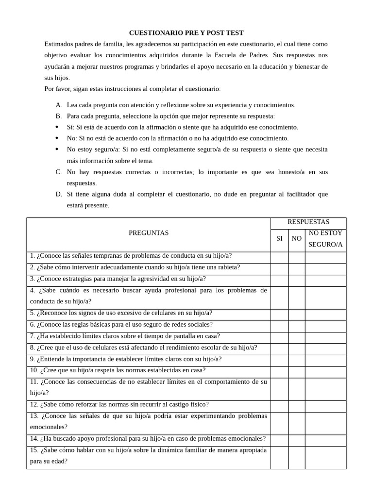 CUESTIONARIO PRE Y POST TEST PARA ESCUELA DE PADRES | PDF