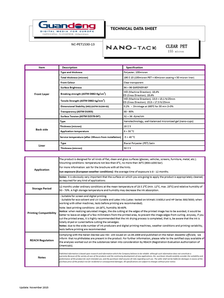 Nano-Tack Clear PET - Technical Data Sheet (EN) | PDF | Humidity ...