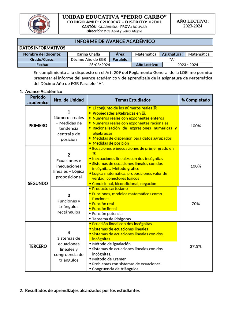 Informe de Avance Academico | PDF