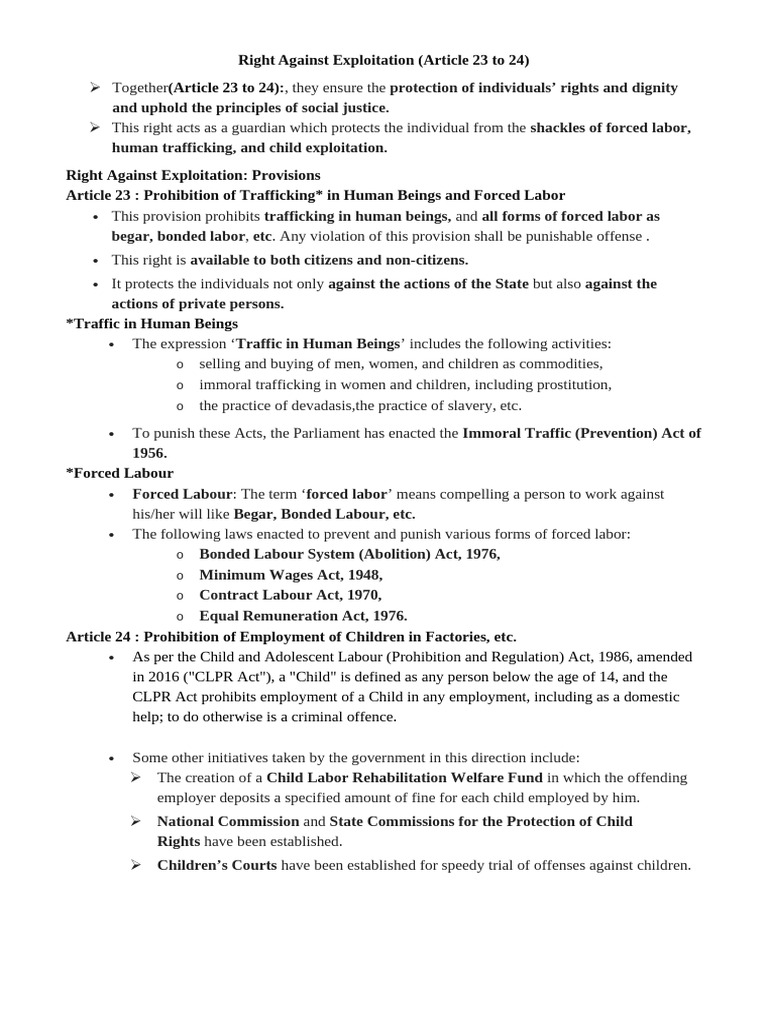 Article 23 To 24 of Constituion | PDF | Human Trafficking | Labour ...