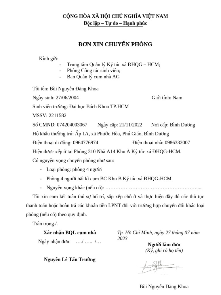 Đơn xin chuyển phòng ktx | PDF