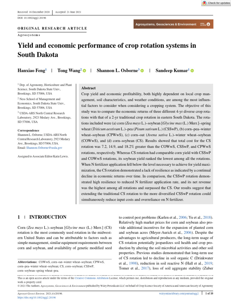 Agrosystems Geosci Env - 2021 - Feng - Yield and Economic Performance ...