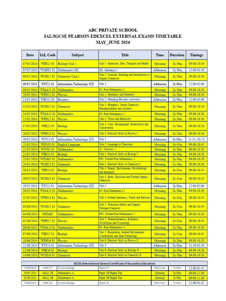Ial - Gcse Edexcel External Exam Timetable May - June 2024 | PDF
