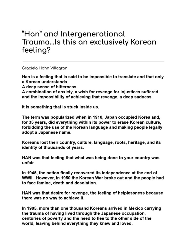 Han - and Intergenerational Trauma Is This An Exclusively Korean Feeling | PDF | Psychological ...