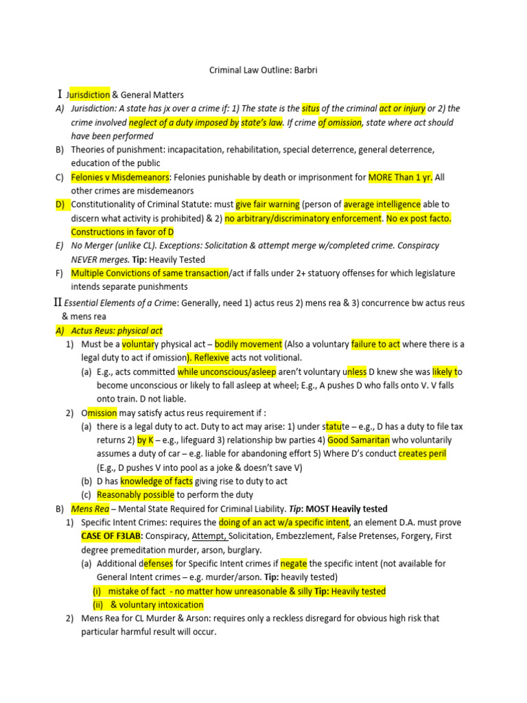 Barbri Criminal Law Outline | PDF | Manslaughter | Aiding And Abetting