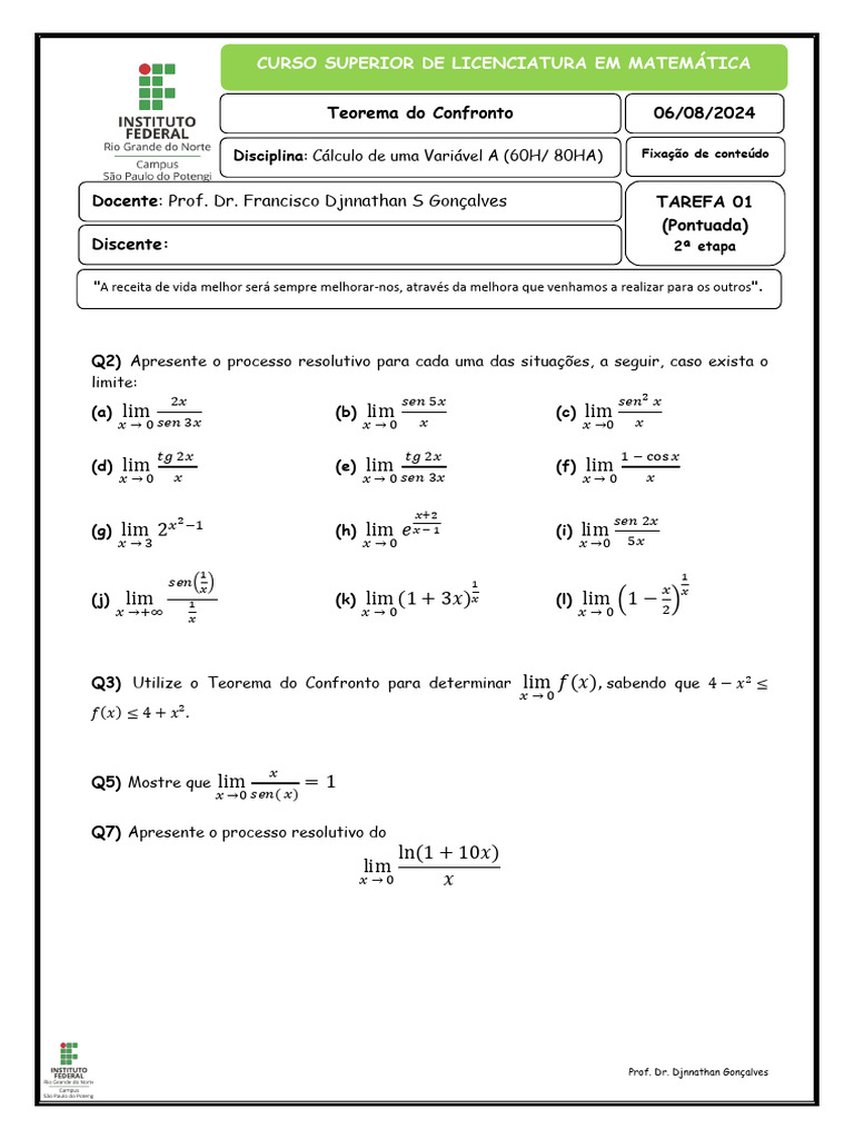 01 TAREFA - Cálculo A - Teorema do Confronto | PDF
