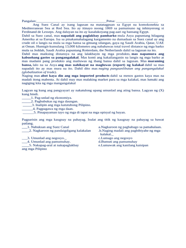 Suez Canal Worksheet | PDF