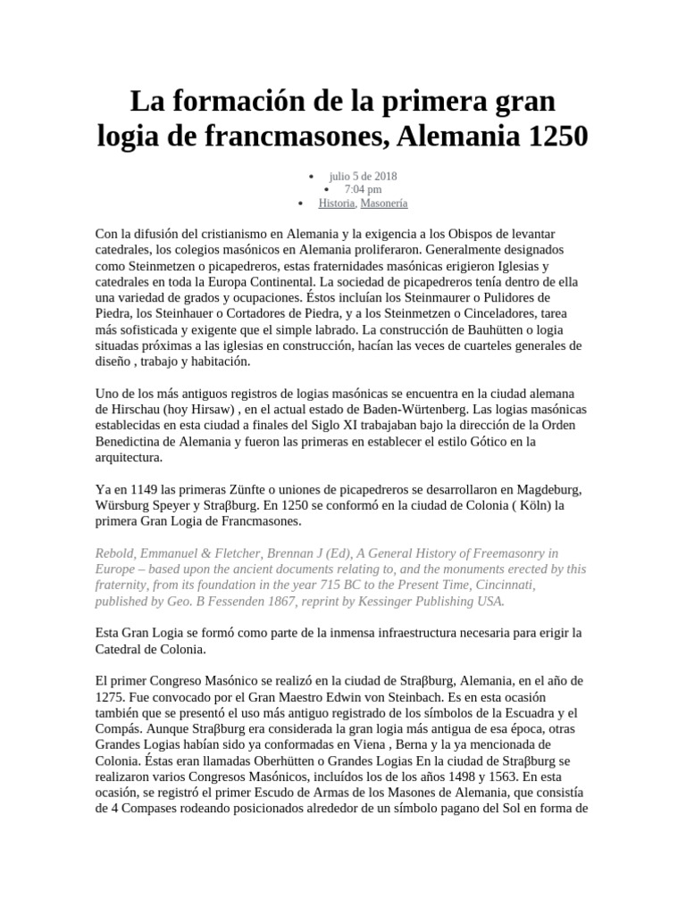 La Formación de La Primera Gran Logia de Francmasones | PDF | Masonería ...