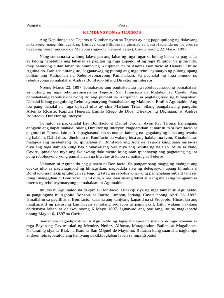 Kumbensyon Sa Tejeros Worksheet | PDF