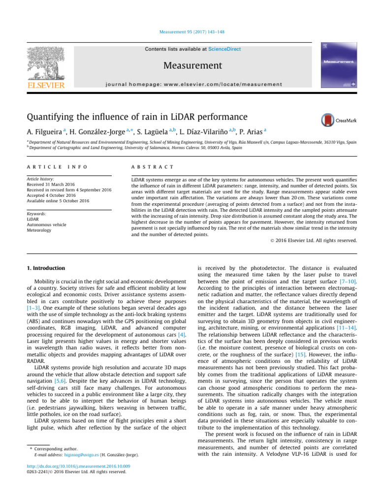 Quantifying the Influence of Rain in LiDAR Performance | PDF Quantifying the Influence of Rain in LiDAR Performance | PDF