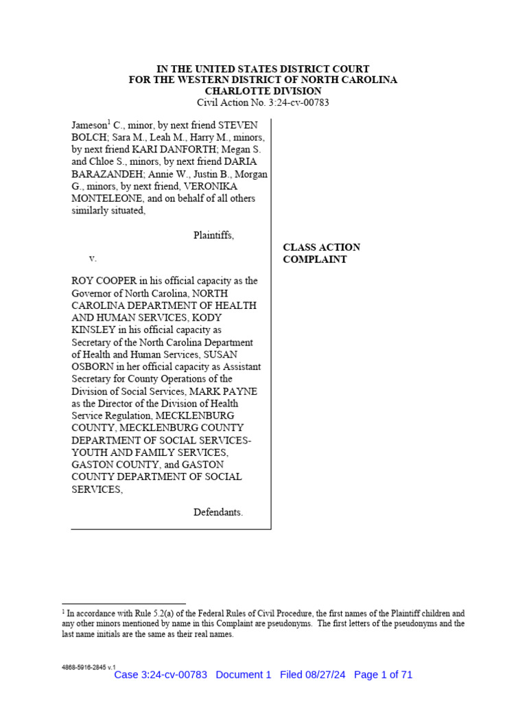 Jameson C. v. Roy Cooper Et Al, COMPLAINT | PDF | Foster Care | Child ...