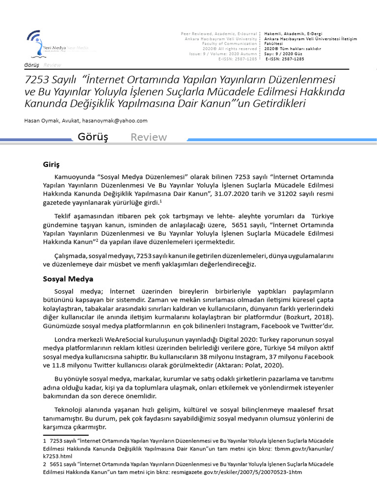 7253 Say L Nternet Ortam Nda Yap Lan Yay Nlar N D Zenlenmesi Ve Bu Yay Nlar Yoluyla Lenen Su ...