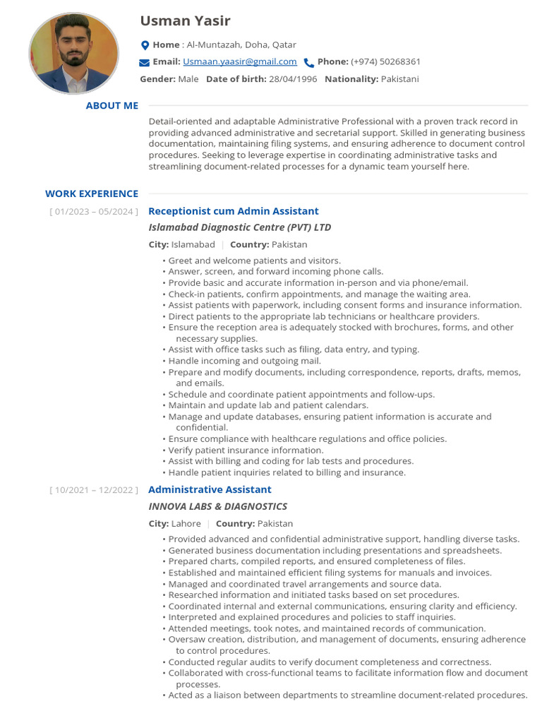 Resume-Receptionist-Usman Yasir | PDF