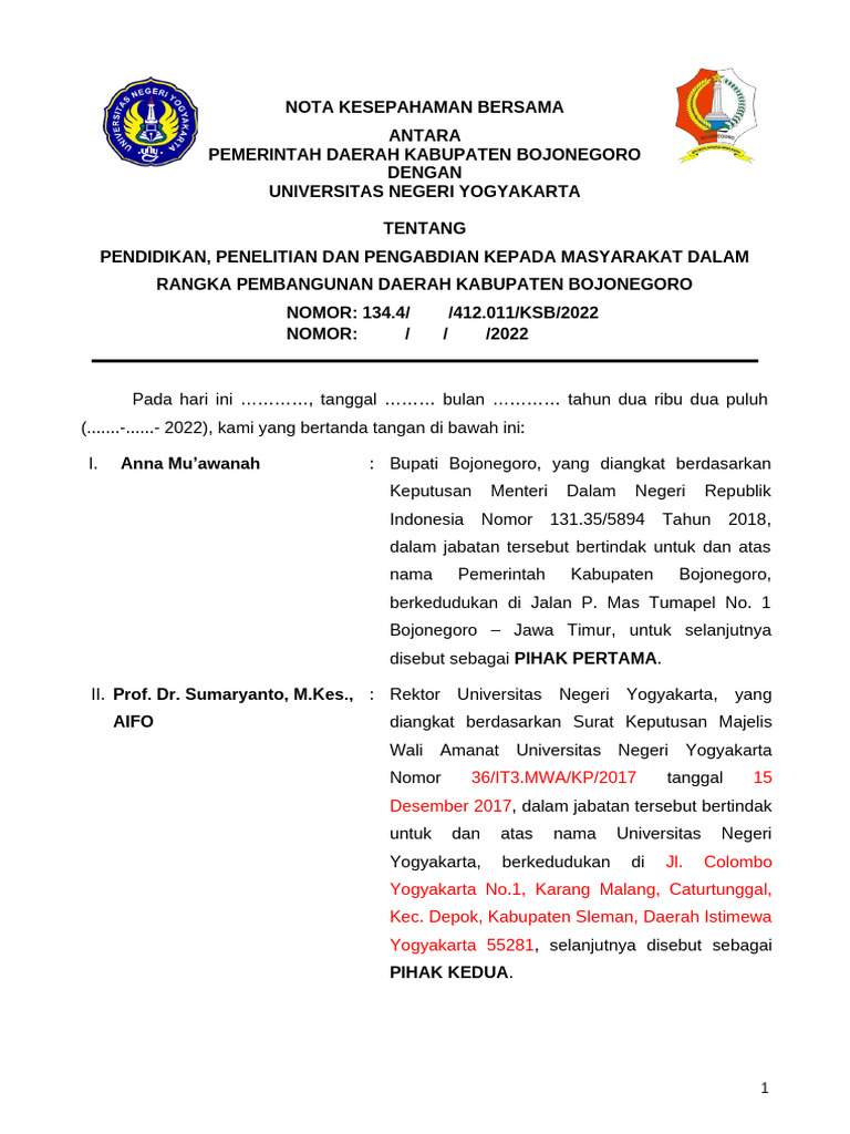 Konsep Draft MoU Pemkab DG UNY | PDF