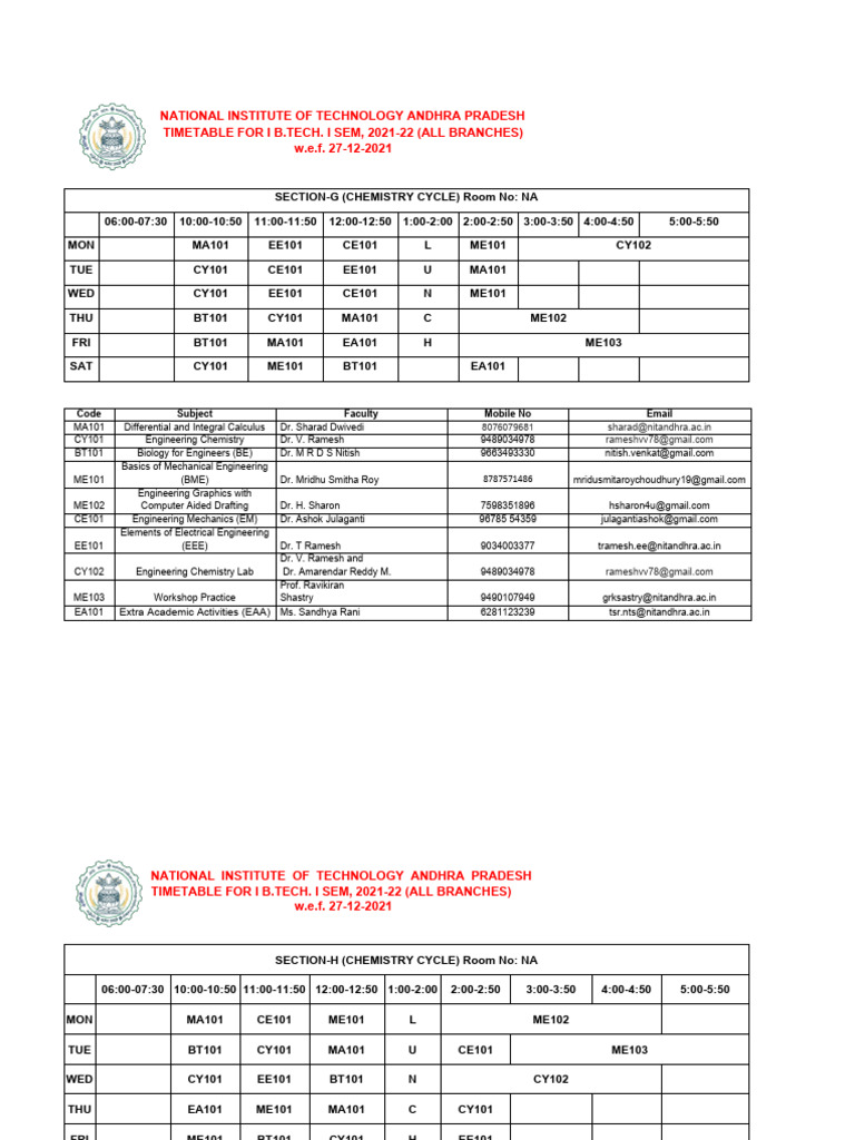 Timetable - Chemistry Cycle (GHIJK&L Sections) - I Sem-I B.Tech AY2021-2022 | PDF | Engineering ...