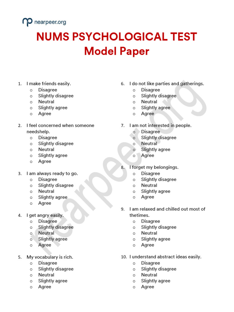 NUMS Psychological Test Mock 1 | PDF | Psychology | Self-Improvement