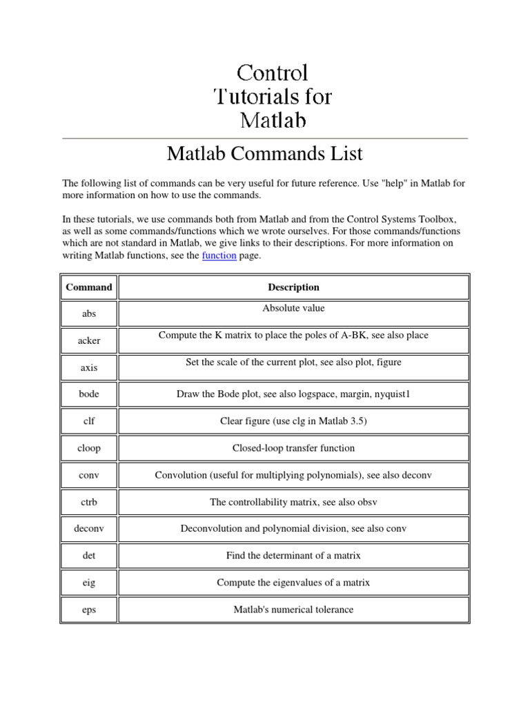 Control Matlab Commands List | Download Free PDF | Matrix (Mathematics) | Linear Algebra