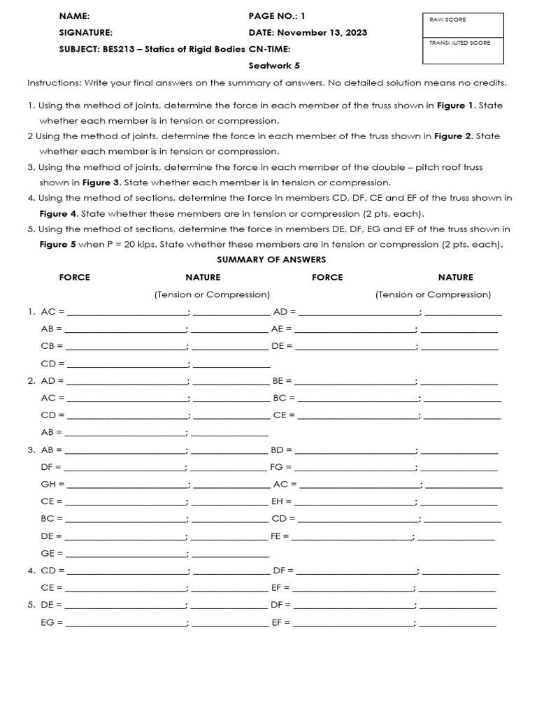 BES213 STATICS OF RIGID BODIES Midterm DAY 6 Seatwork 5 2023 2024 | PDF