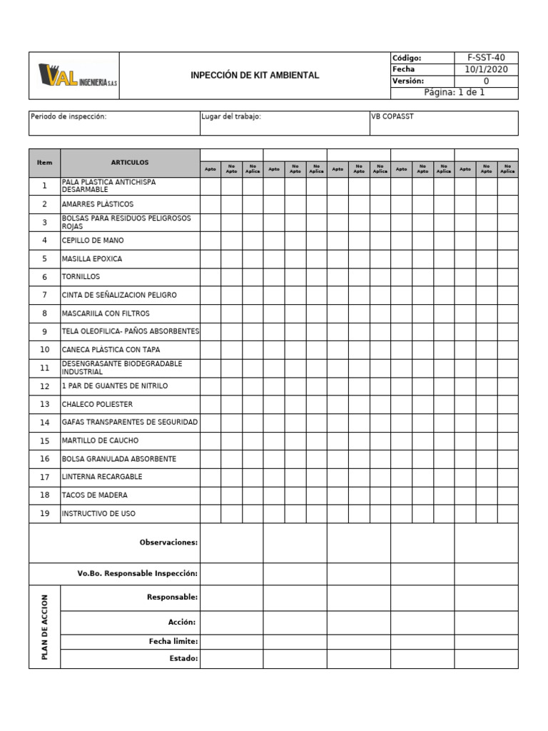 F-SST-40 - Inspeccion Kit Ambiental v0 | PDF