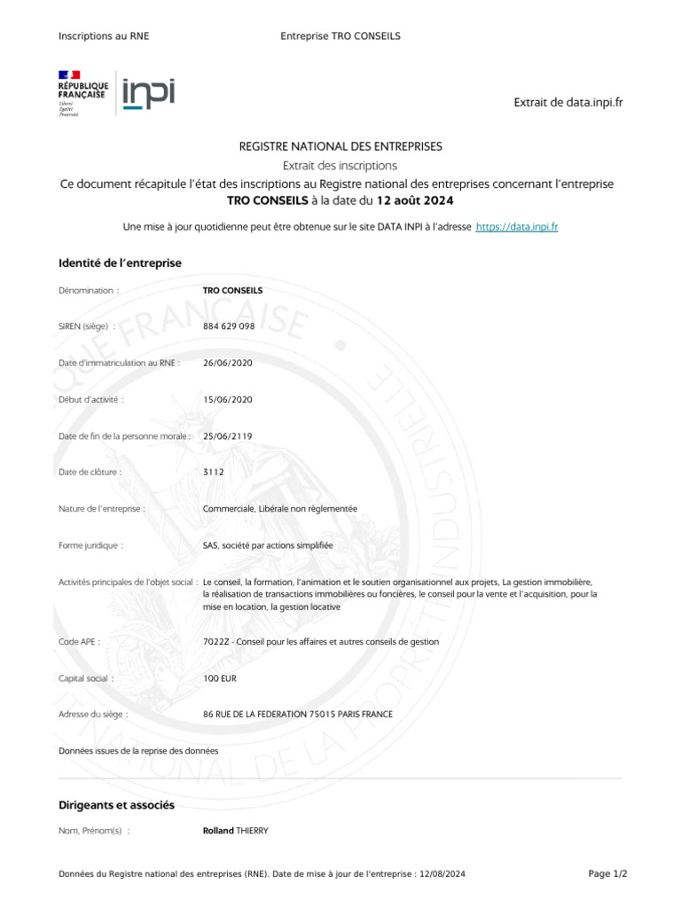 TRO CONSEILS - Extrait INPI | PDF