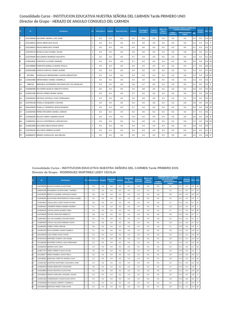CONSOLIDADO DE NOTAS PRIMARIA P1 | PDF
