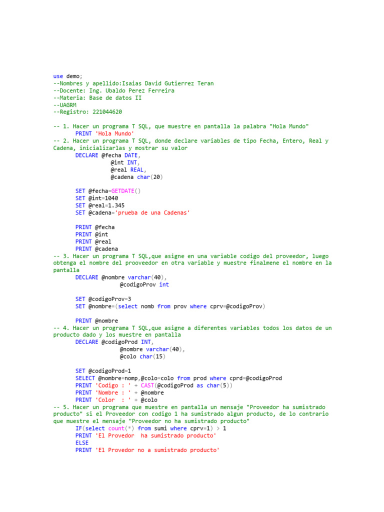 Ejercicios de T-SQL para Programación | PDF | SQL | Datos