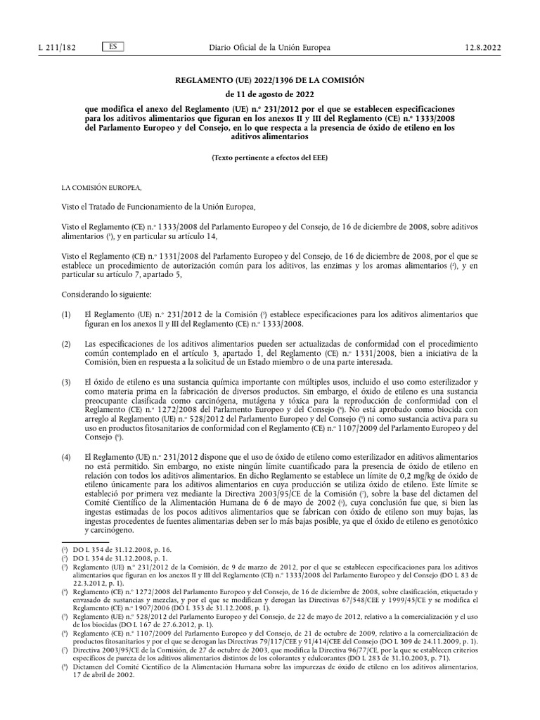 Reglamento (UE) 2022 - 1396 Prohibición Uso Óxido Etileno | PDF