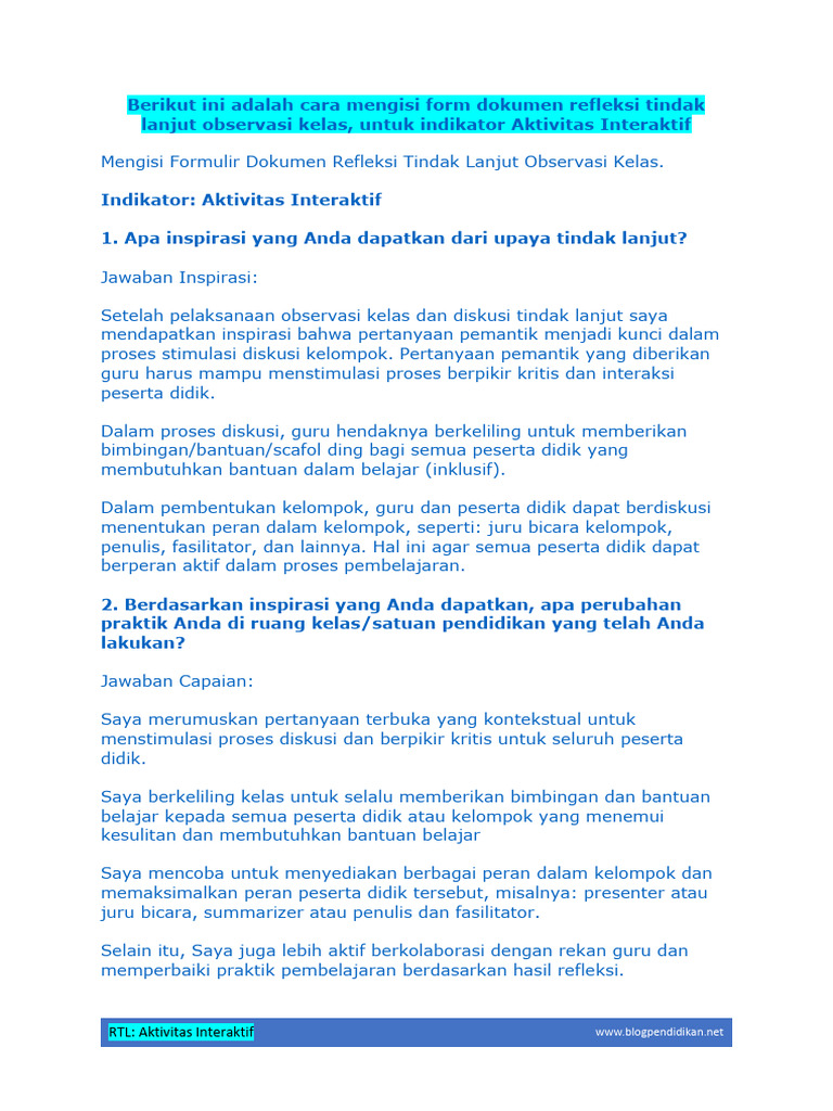 Mengisi Form Refleksi Tindak Lanjut Observasi Kelas, Indikator Aktivitas Interaktif | PDF