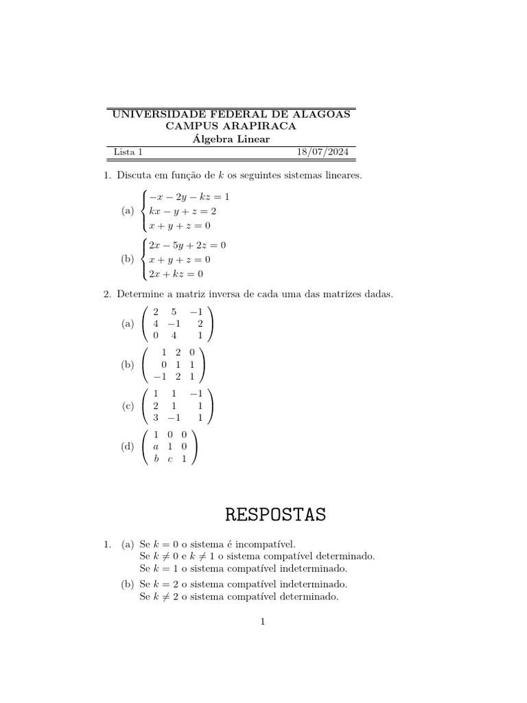 Lista 1 Lgebra Linear 2024 1 | PDF