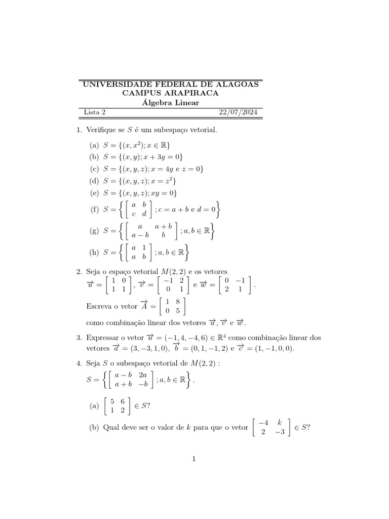 Lista 2 Lgebra Linear 2024 1 | PDF
