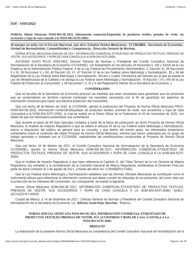 Norma Oficial Mexicana NOM-004-SE-2021, Información comercial-etiquetado de productos textiles ...