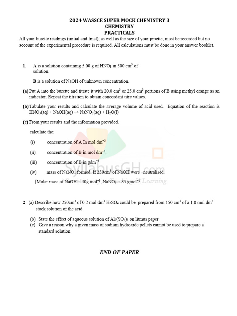 2024 WASSCE Super Mock Chemistry 3 | PDF