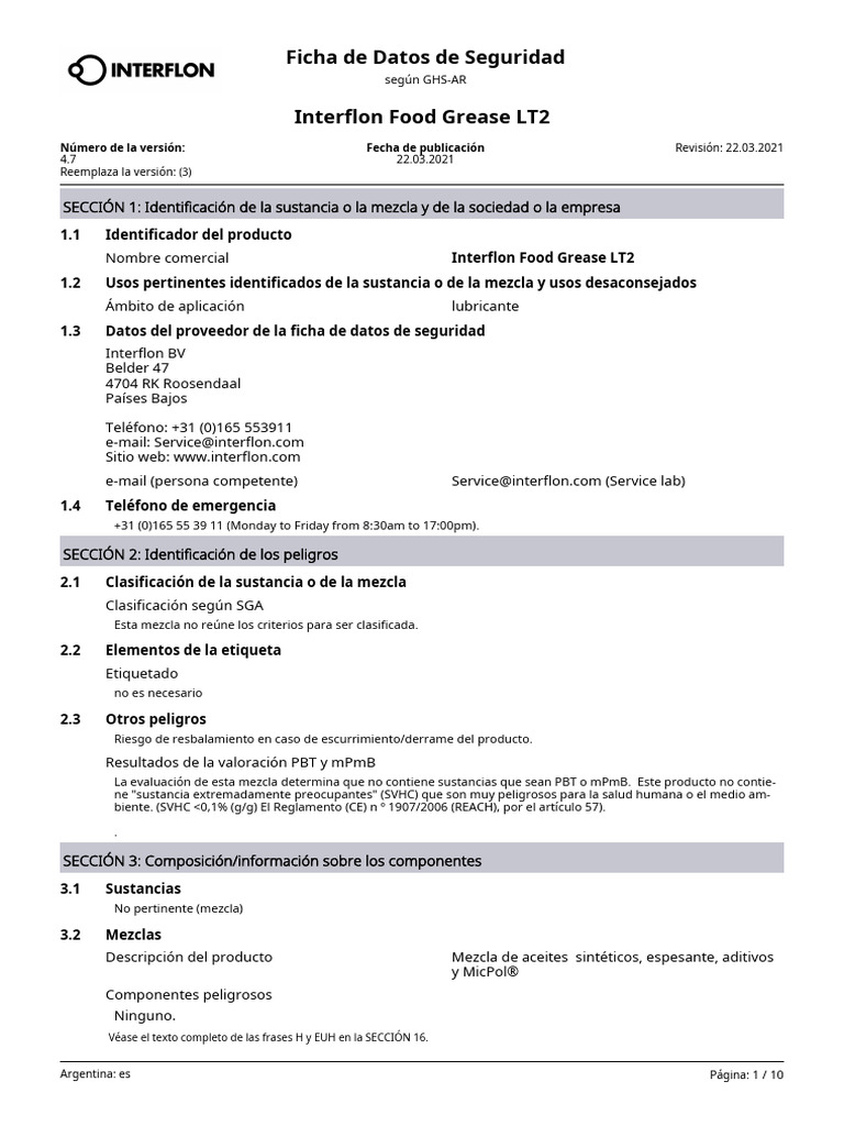 SDS Interflon Food Grease LT2 AR Es | PDF