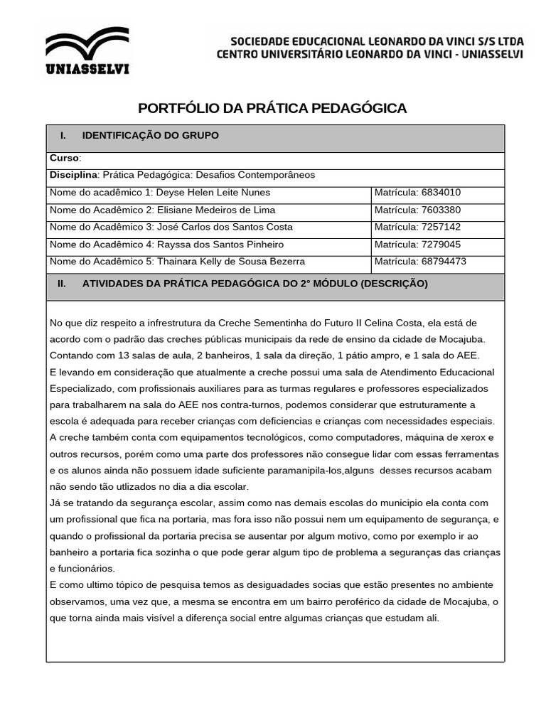 Portfólio Da Prática Pedagógica | PDF