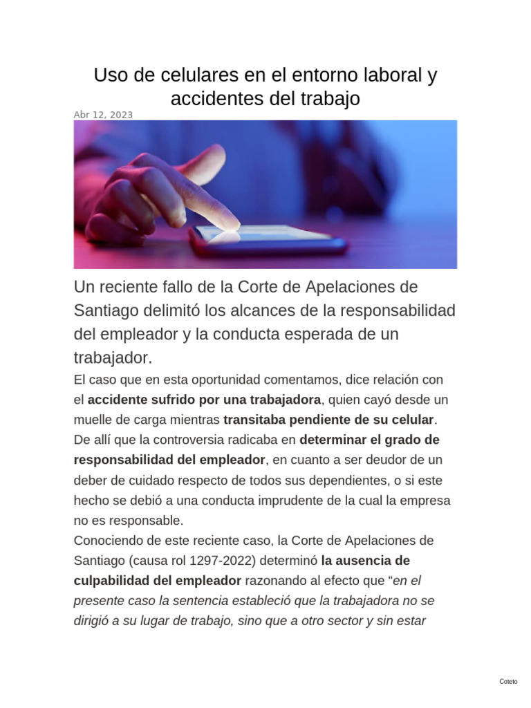 Uso de celulares en el entorno laboral y accidentes del trabajo | PDF