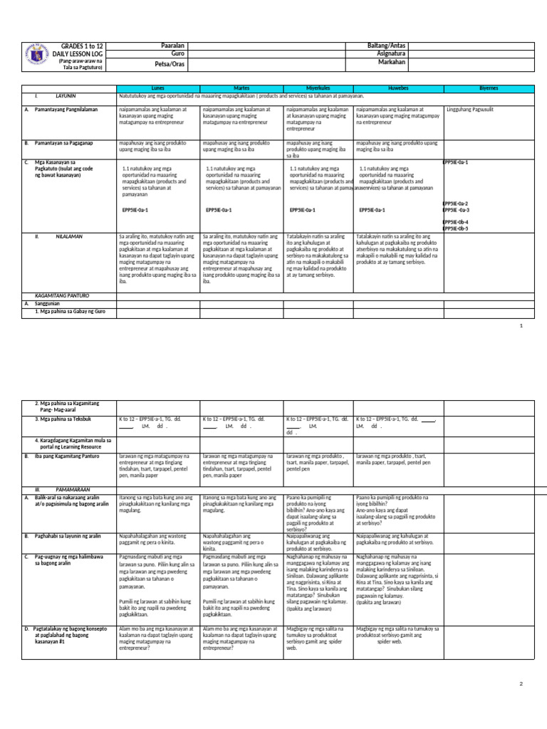 Epp 5 Ict & Entrepreneurship DLL | PDF