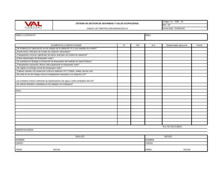 VC - PDR - 19 Check List Proteccion Radiacion UV | PDF