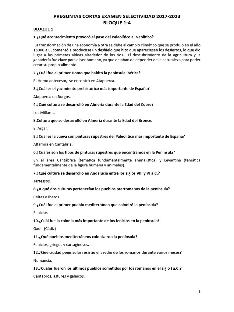 Preguntas Cortas Selectividad Bloque 1-4 | PDF | Imperio español | Historia