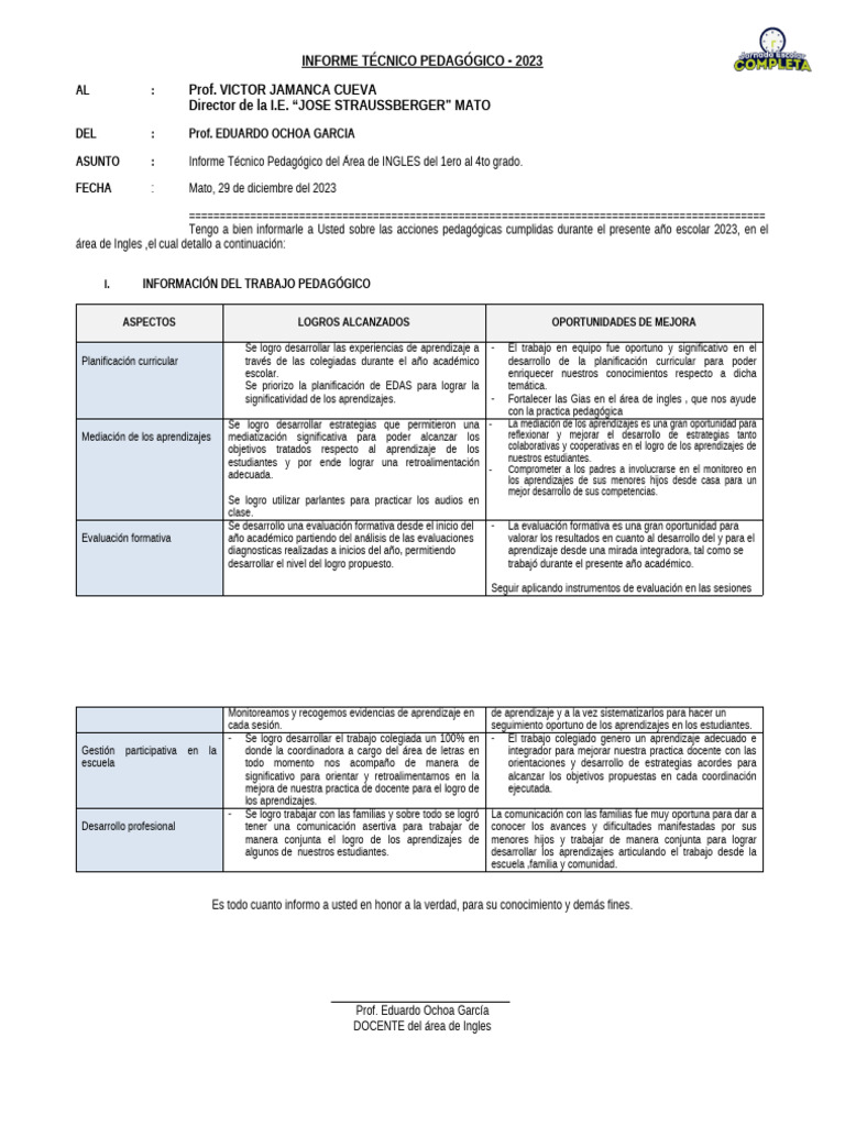Informe Técnico Pedag. 2023-Ingles | PDF