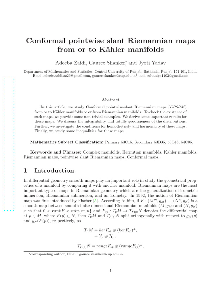 Conformal Pointwise Slant Riemannian Maps From or To Kahler Manifolds | PDF