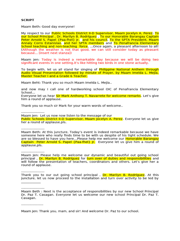 TURN OVER OF PRINCIPAL SCRIPT | PDF