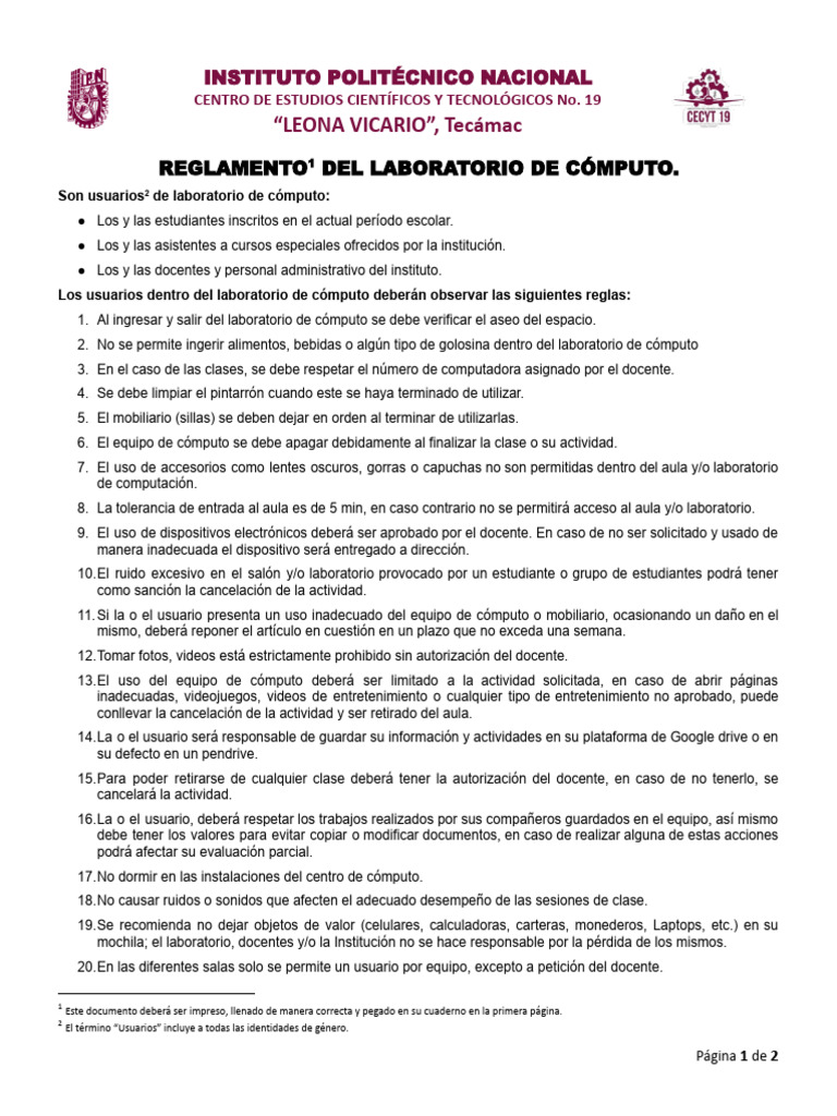 Reglamento Del Laboratorio de C-Mputo | PDF | Laboratorios | Tecnología